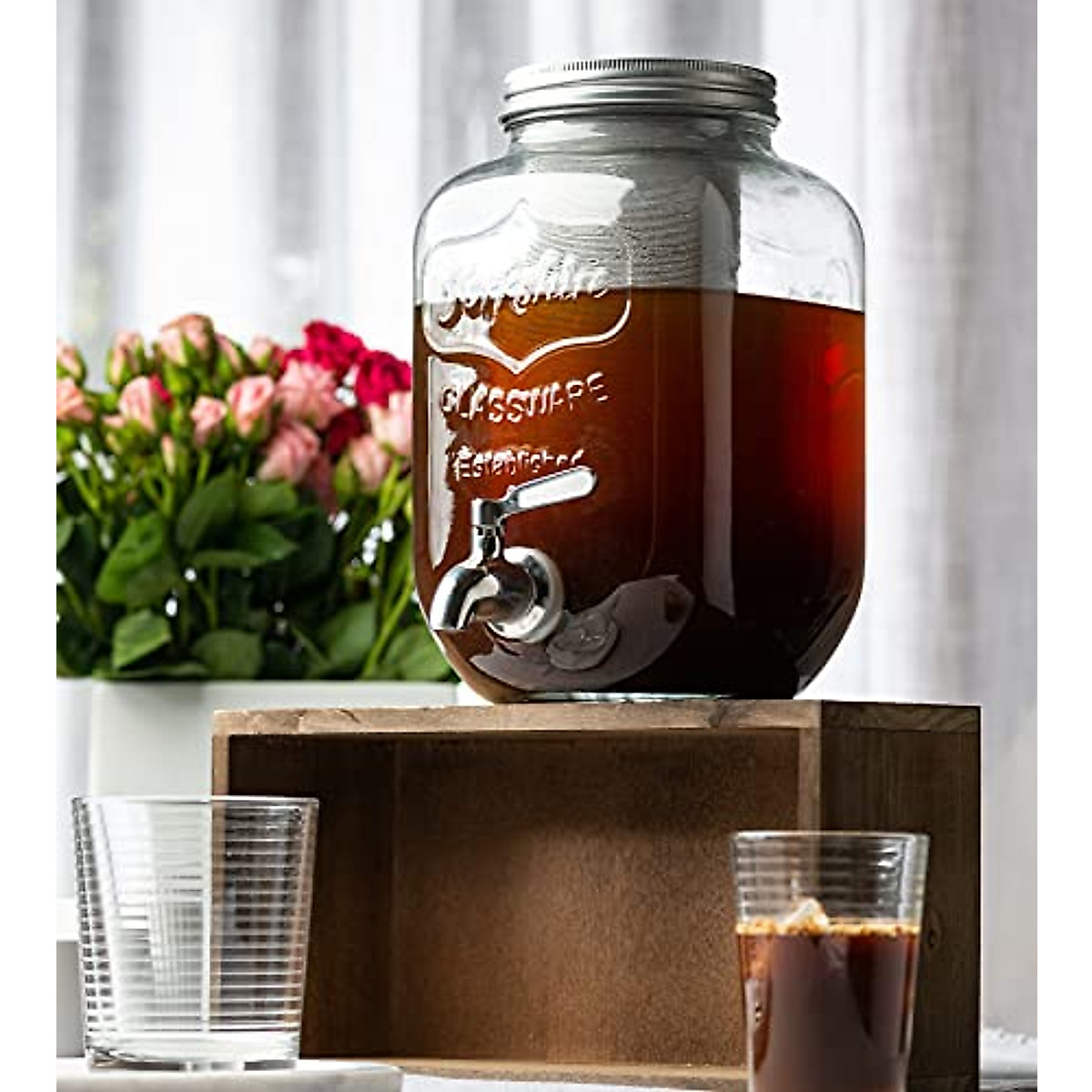 1 Gallon Cold Brew Coffee Maker, with 3rd Generation Mesh Filter & Stainless Steel Spigot, Extra Thick Large Glass Mason Jar Drink Dispenser Carafe, Iced Coffee Maker & Sun Tea Pitcher with Infuser.