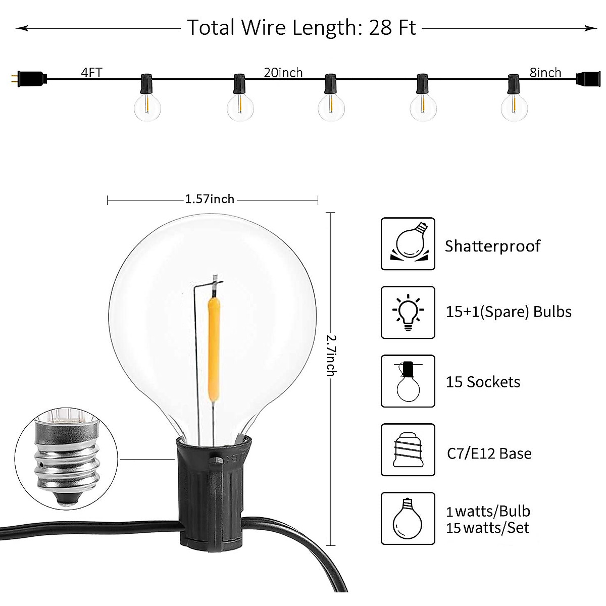 GHUSTAR Outdoor String Lights 28FT Patio String Lights with 16 G40 Shatterproof LED Bulbs(1 Spare), Waterproof Outdoor Hanging LED Lights for Backyard Porch Cafe Party Wedding Garden
