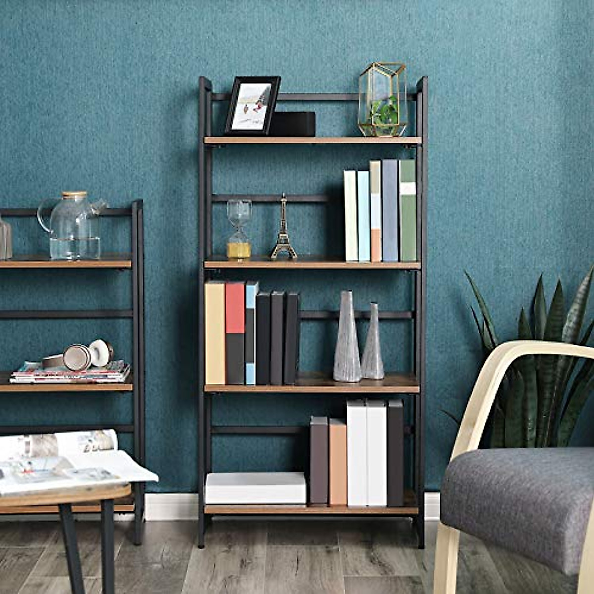 VASAGLE Industrial Bookshelf, Folding Bookcase, 4-Tier Ladder Shelf, Wood Look Accent Furniture with Metal Frame, for Home Office Sturdy and Stable ULLS88X