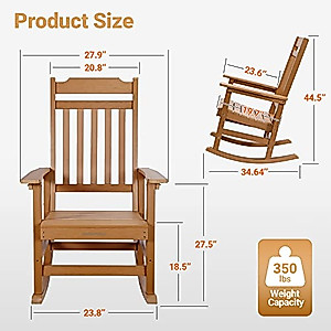 EMBRANGE Outdoor Rocking Chair with Tilting High Backrest, Weather Resistant, Fade-Resistant,Front Porch Rocker with 350 LBS Weight Capacity, Patio Rocking Chairs for Deck or Indoor, Teak