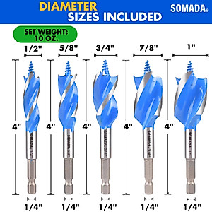 SOMADA Auger Drill Bit Set for Wood, 5-Piece, 1/2", 5/8", 3/4", 7/8" and 1" Inch Size, 4-Inch Long with Storage Case, Impact Wood Auger Set with Quick Change