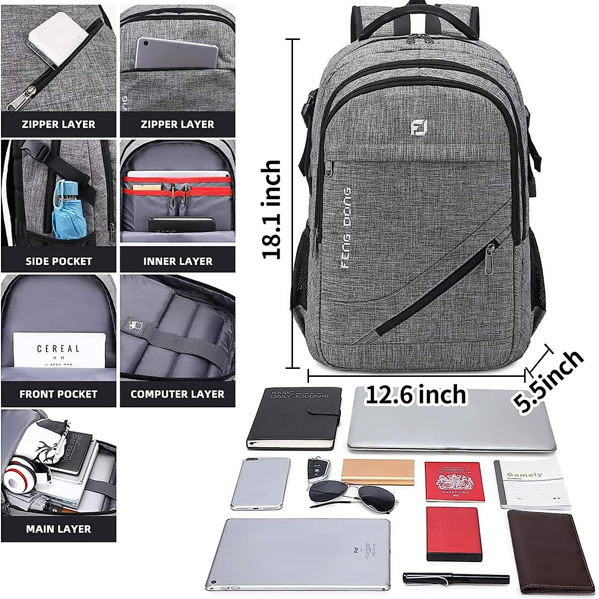 FENGDONG Large Laptop Backpack 17.3 inch Durable Waterproof Travel College Backpack Bookbag for Men & Women Business Backpack with USB Charging Port and Headset Port Dark Gray