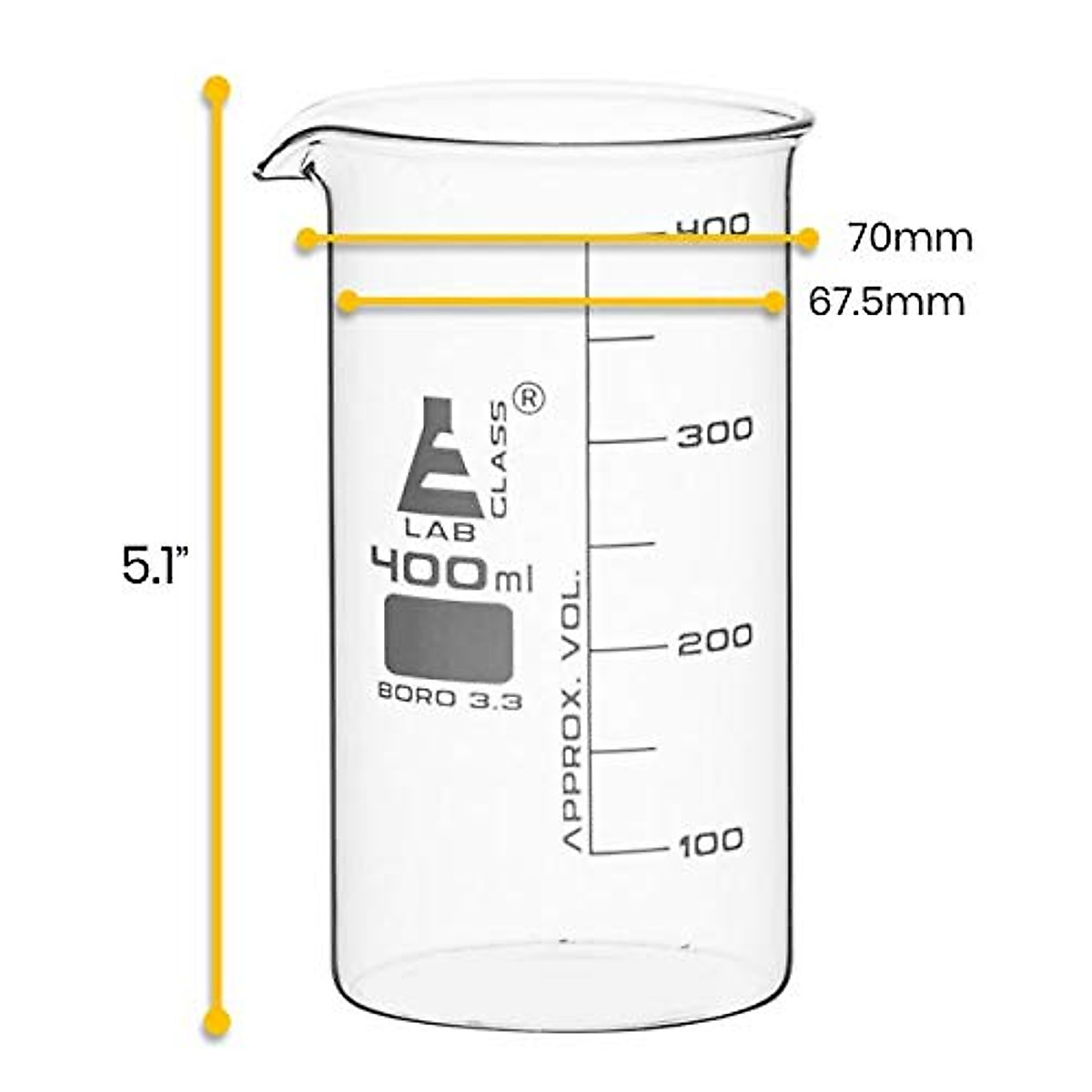 EISCO Beaker, 400ml - Tall Form with Spout - White, 50ml Graduations - Borosilicate 3.3 Glass