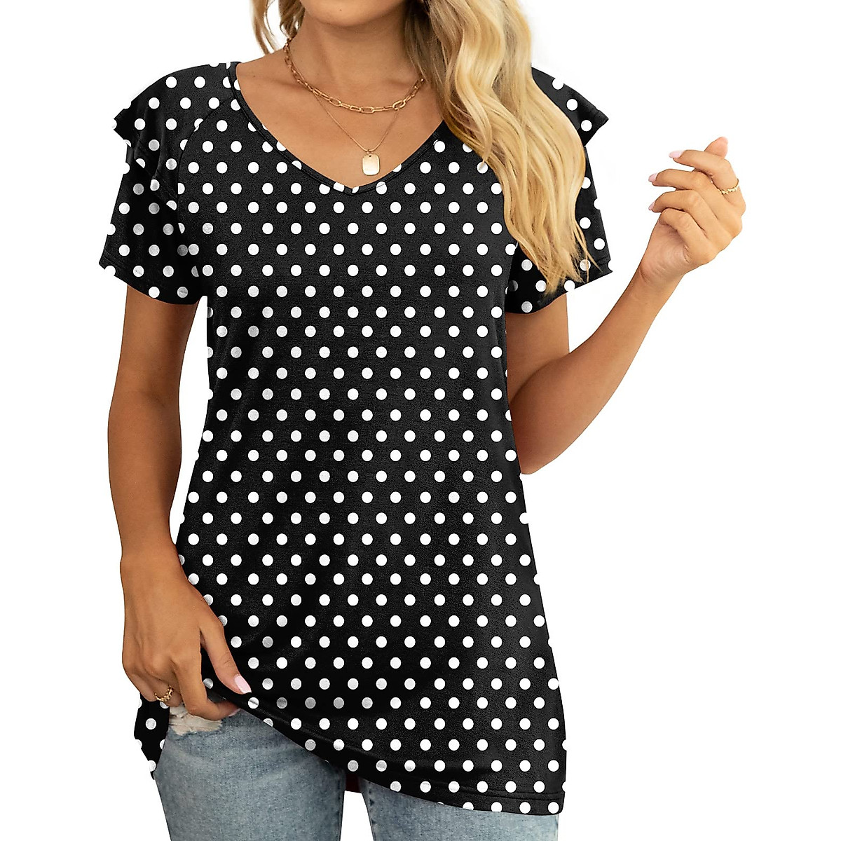 YVH Women's Tops, Tees & Blouses Summer Short Sleeve Ruffle V Neck Semi Casual Shirts for Women, Polka Dot Black, L