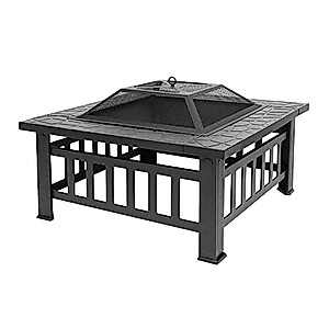 RMKOLE Firepit 32" Outdoor Metal Fire Pit Backyard Patio Garden Square Stove FirePit Heater