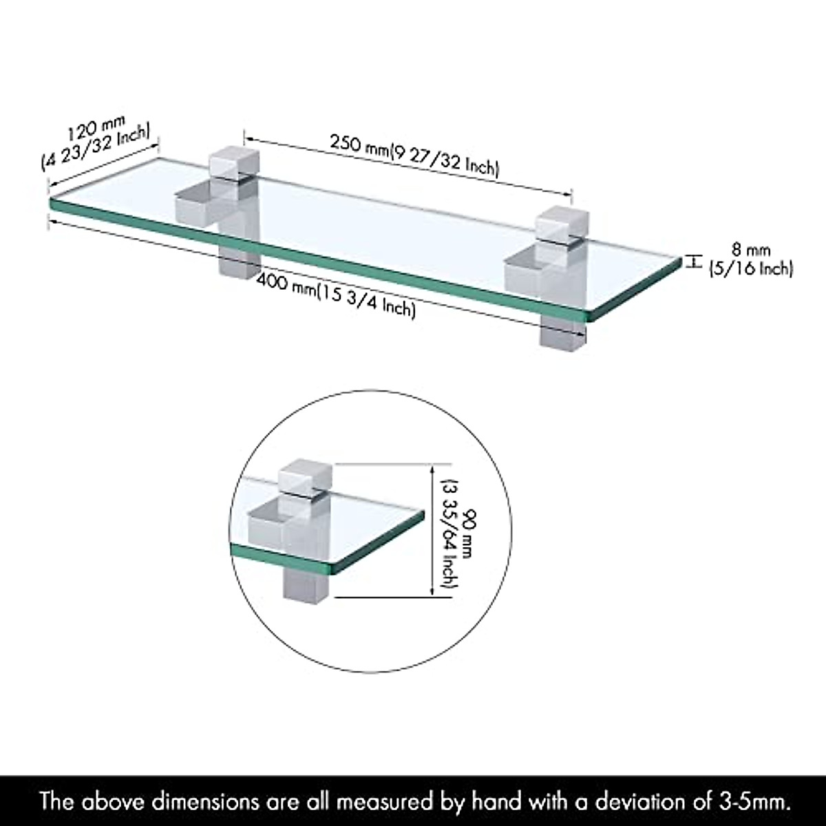 KES Glass Shelves for Bathroom, 15.8-Inch Bathroom Shelf with Rectangle Tempered Glass and Polished Chrome Bracket Wall Mount 2 Pack, BGS3201S40-P2