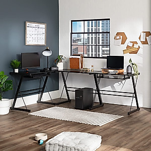 Walker Edison Modern Small Metal and Glass Computer Gaming with Under Desk Keyboard Tray Black Home Office Desk, 31 inch