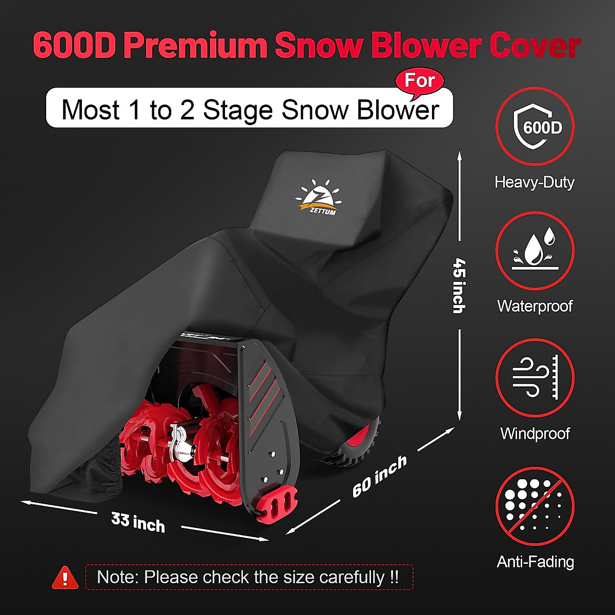 Zettum Snow Blower Cover - 600D Snowblower Covers Waterproof Heavy Duty, Outdoor Snow Thrower Cover Universal Fit for EGO, Honda, Ryobi, Cub Cadet, Ariens, Troy Bilt, Snow Joe, Toro and PowerSmart