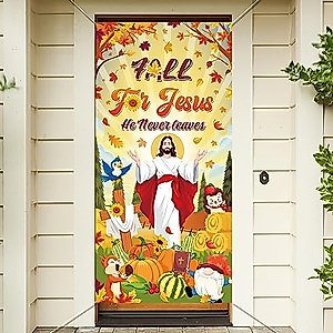 HOWAF Fall for Jesus Decorations Pumpkin Autumn Christian Religion Door Cover, Large Fabric Fall Fall for Jesus Backdrop Door Banner for Autumn Harvest Thanksgiving Holiday Yard Outdoor Decoration