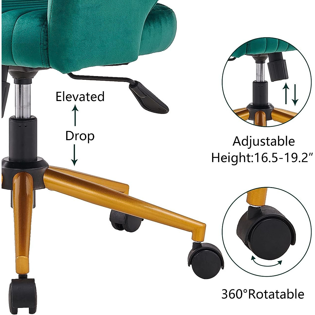 Home Office Chair Swivel Velvet Desk Chair Modern Cute Green Desk Chair with Gold Base for Girls Women Ergonomic Study Seat Computer Task Stools for Living Room (Green)