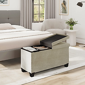 Storage Ottoman Bench with Storage Bins, 30-In Storage Bench for Bedroom End of Bed, Folding Foot Rest Ottoman with Storage for Living Room, Storage Chest Max 660lbs, Linen Fabric Beige Ottoman