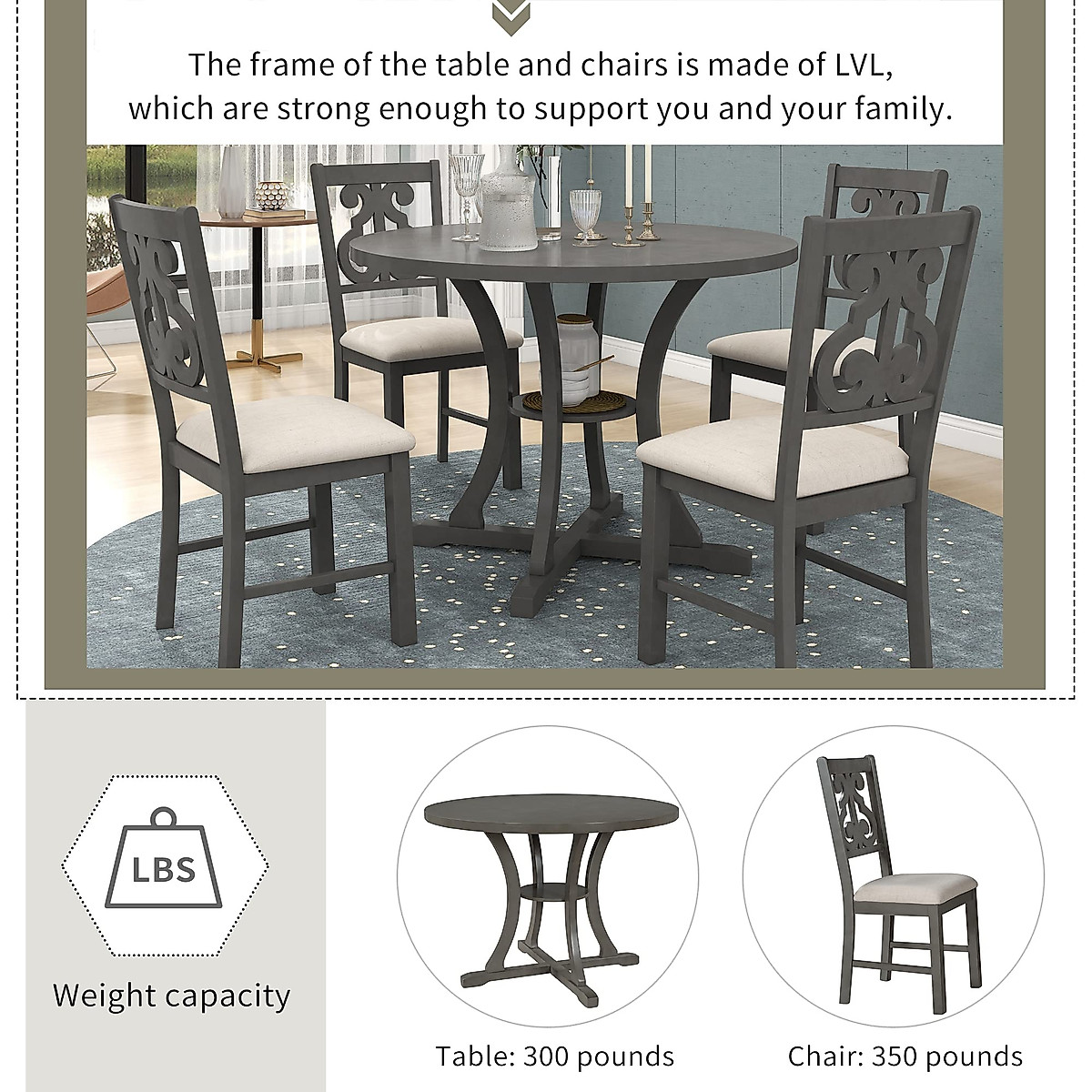Brabrety 5-Piece Round Dining Table and Chair Set with Special-Shaped Legs and an Exquisitely Designed Hollow Chair Back for Dining,Living Room (Gray@+)