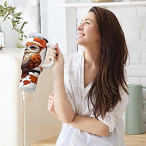 ODAWA Owl Maple Leaf Travel Coffee Tumbler 30 Oz Travel Mug with Handle and Straw