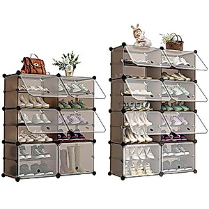 UNZIPE Shoe Rack with Door, 56 Pairs Shoes Storage Cabinet Plastic Freestanding Shoe Shelves DIY Cube Organizer for Closet, Bedroom，Garage Entryway, Dark Coffee