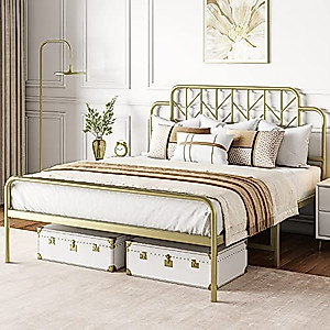 IDEALHOUSE Gold Full Size Platform Bed Frame with Headboard and Footboard, 12.6 Inches Metal Mattress Foundation for Storage, No Box Spring Needed, Easy Assembly, Modern Design, Branch