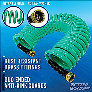 25FT Coiled Boat Hose | Coil Hose Water Hoses Expandable Perfect Coil Water Hose RV Wash Water Hose Spring Washdown Short Small 25 Foot Coiling Garden Marine Grade 3/4 Inch Connectors Self Recoil