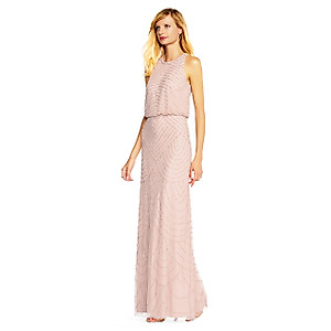 Adrianna Papell Womens Art Deco Beaded Blouson Dress with Halter Neckline, Blush, 16