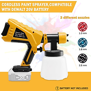Cordless Paint Sprayer for Dewalt 20v Battery Airless Electric HVLP Spray Paint Gun Tools for House Painting/Home Interior and Exterior/Wood/Walls/Furniture/Floor/Fence (No Battery)