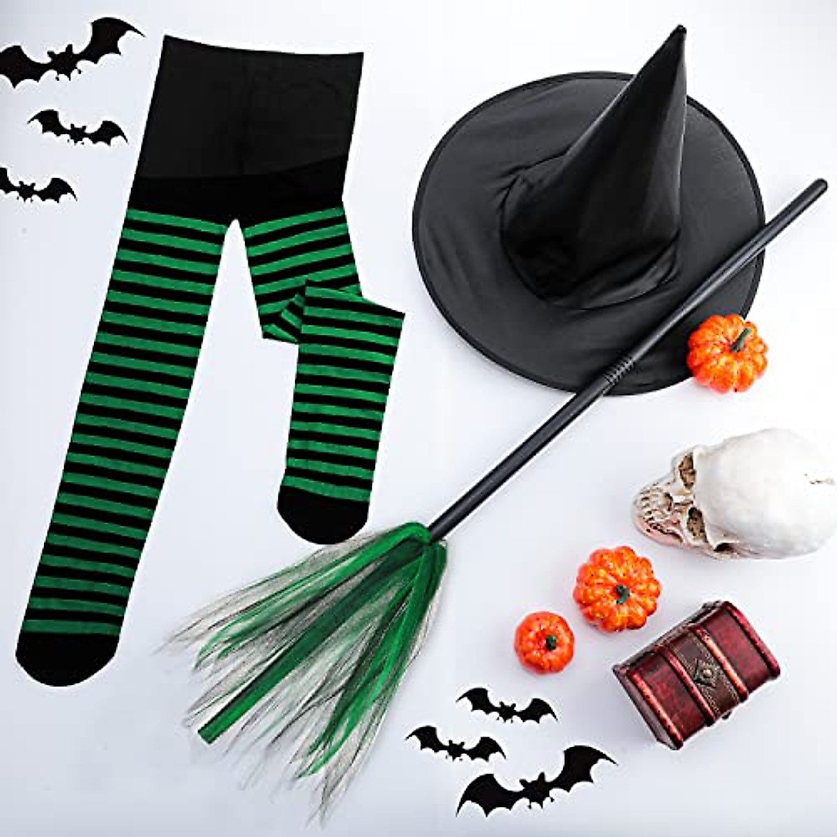 Halloween Witch Costume Accessories Set Witch Broom Plastic Broomstick Black Witch Hat Striped Tights for Halloween Party (Green)