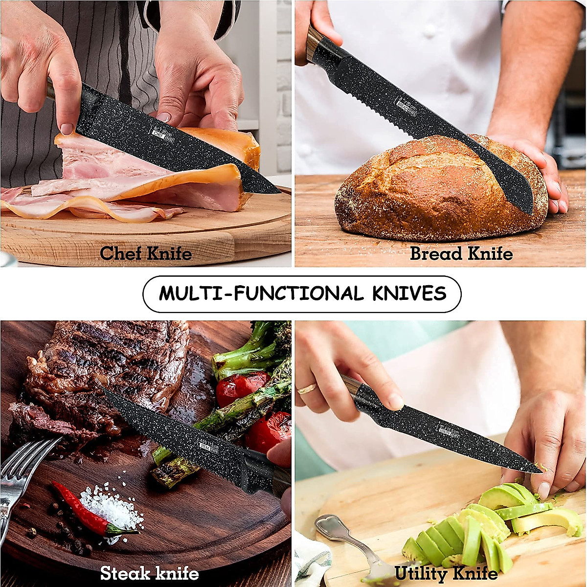 Knife Set,12-Piece Kitchen Knife Set, High Carbon Stainless Steel Knife Sets with Wooden Block, include 6 Steak Knives, Black