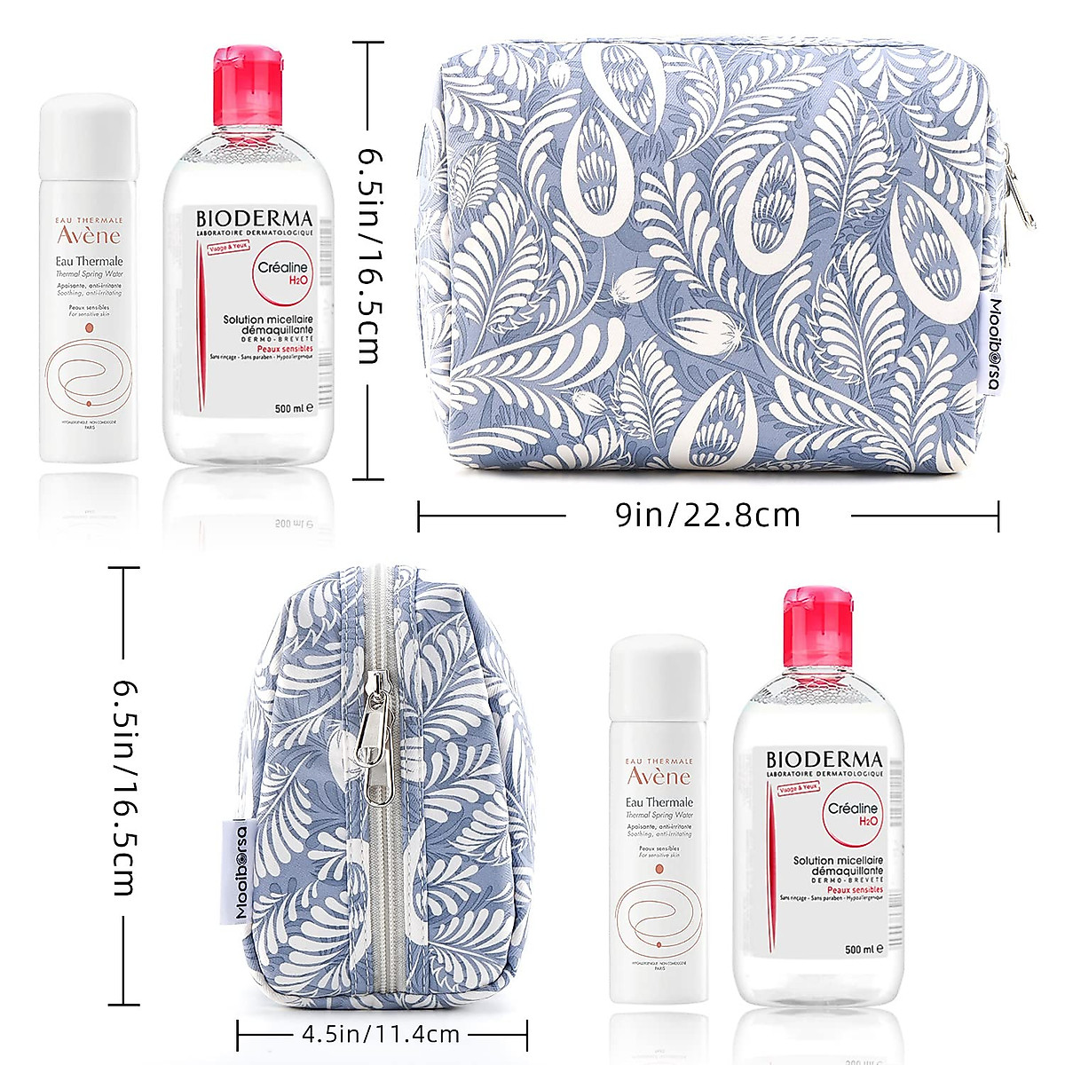 mooiborsa Cosmetic Bag Large Capacity Makeup Bag Travel Make up Bag for Purse Water Resistant Zipper Pouch Organizer for Women and Girls,Blue Leaf