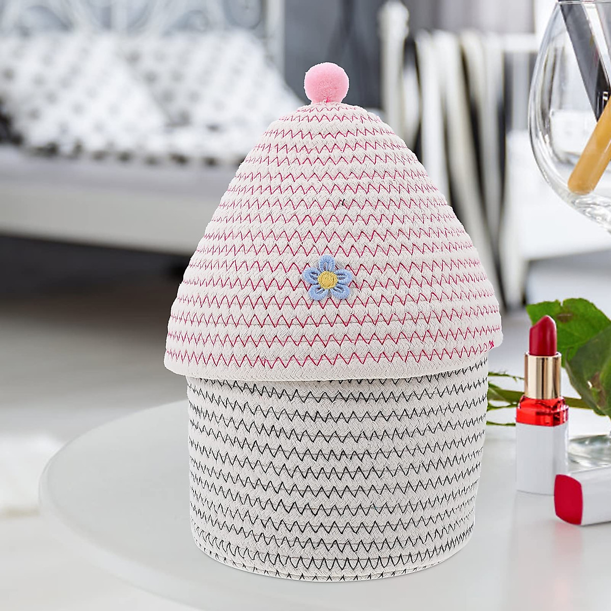 HANABASS Cotton Rope Storage Basket with Lid Small Woven Baskets Cute Toy Storage Basket Mini Storage Bins for Living Room Nursery Bathroom Desk Red