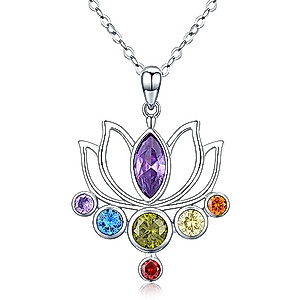 TANGPOET 7 Chakra Necklace for Women 925 Sterling Silver Lotus Flower Pendant Necklaces Spiritual Protection Healing Gemstones Jewelry Birthday Christmas Reiki Meditation Gifts for Her Mom Wife