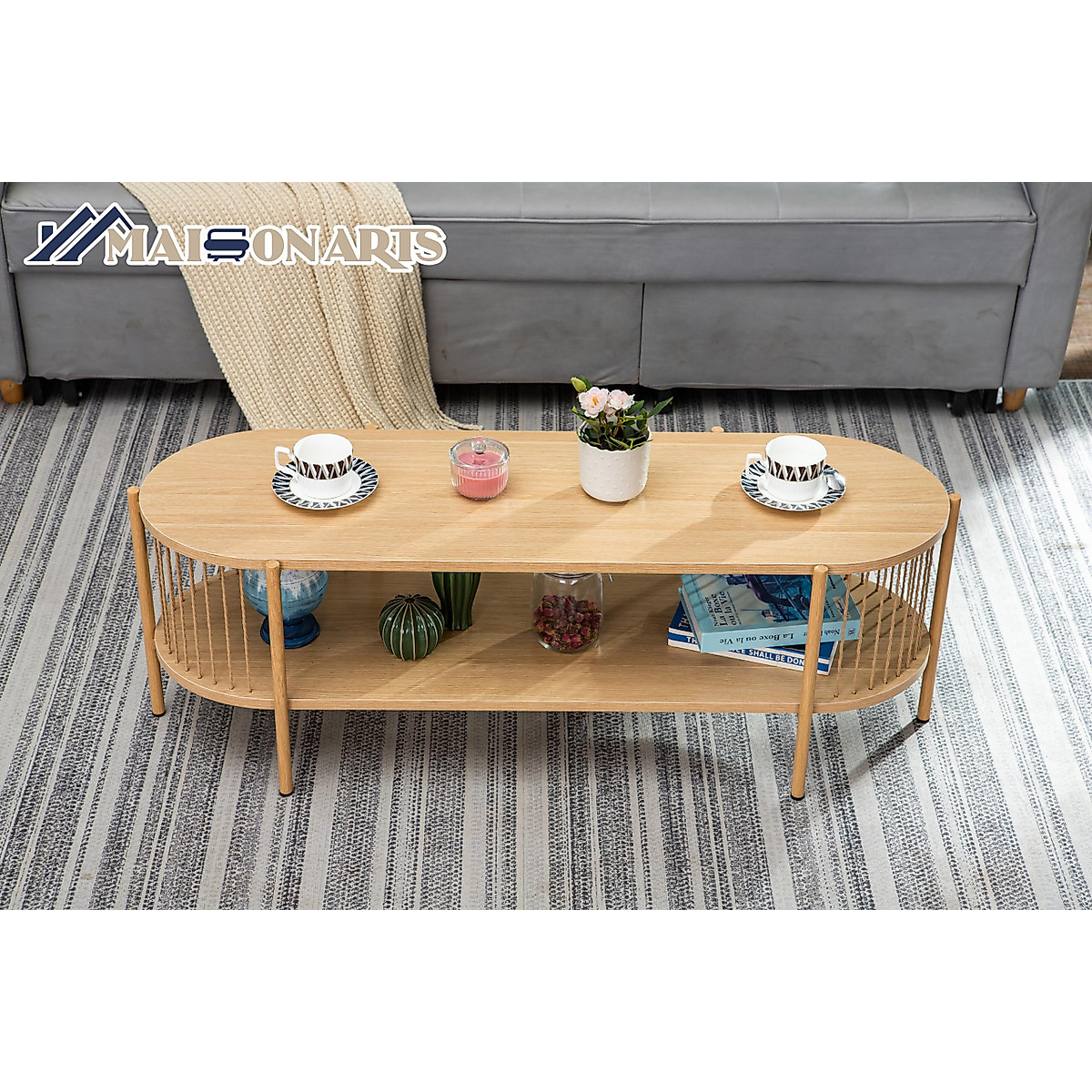 MAISON ARTS Modern Coffee Table with Storage Shelf, Rustic Farmhouse Coffee Table with Metal Legs for Living Room, Wood Look Mid Century Accent Furniture, Easy Assembly