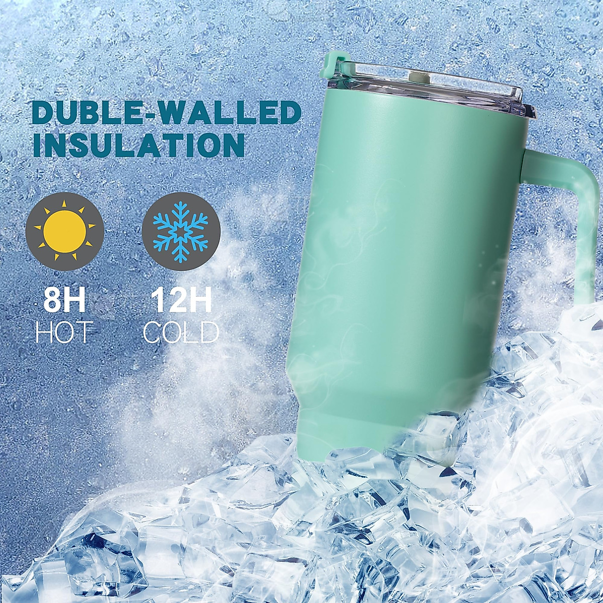 Gome 40 oz Tumbler with Handle - Stainless Steel Cup with Straw - Insulated Coffee Mug with Lid - Daisy Birthday Gifts for Women - Hand Wash Only Eucalyptus Green