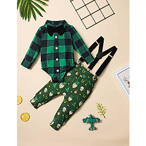 WIQI 6-12 Months Baby Boys My First St. Patrick's Day Outfit Infant Bowtie Bodysuit Pattern Suspender Pants Clothes Set