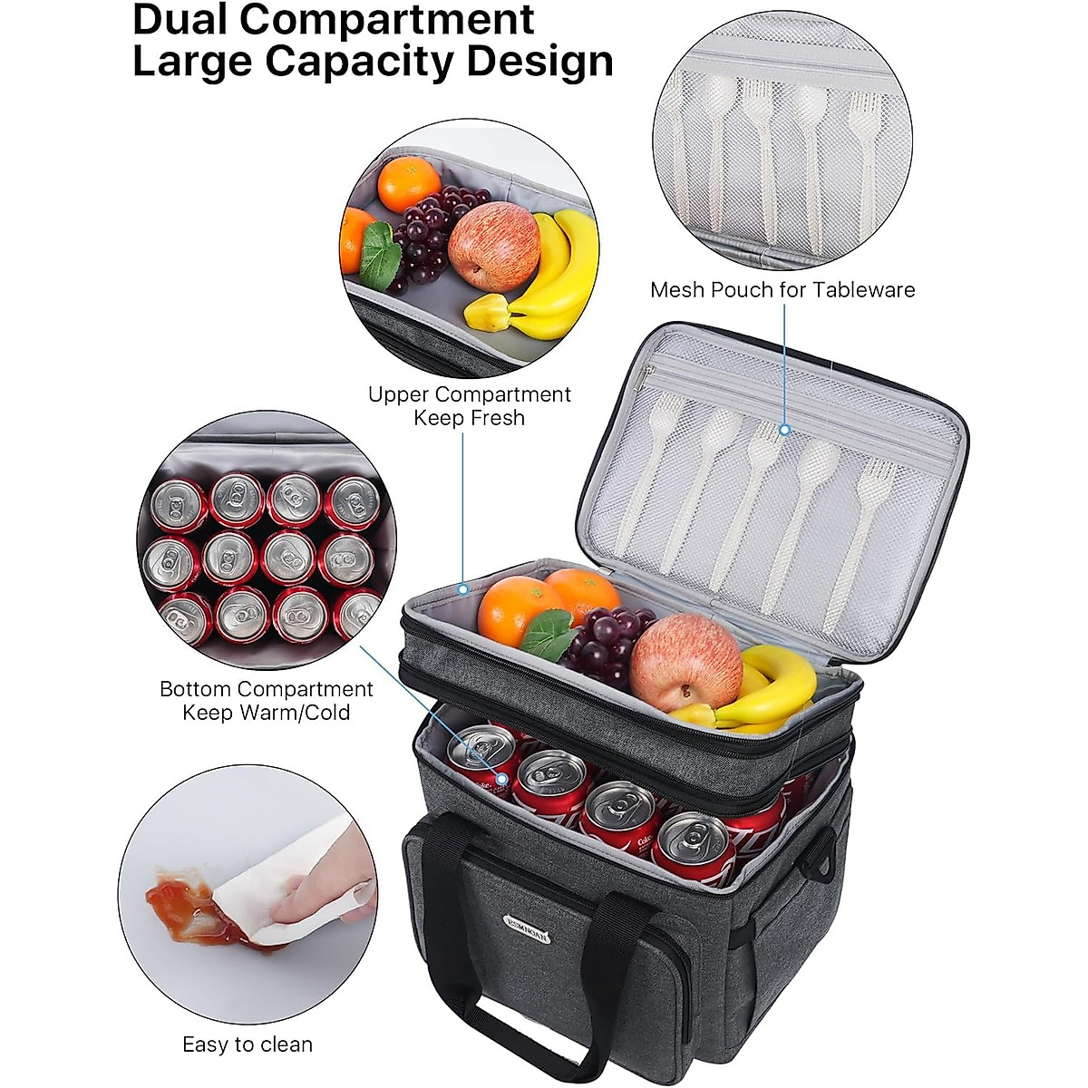 ESMNOAN Lunch Box for Men Women, Double Durable Expandable Leakproof Insulated Lunch Bag, Cooler Bag with Adjustable Shoulder Strap for Work Shift, Travel and Outdoor Picnics, 20L Grey