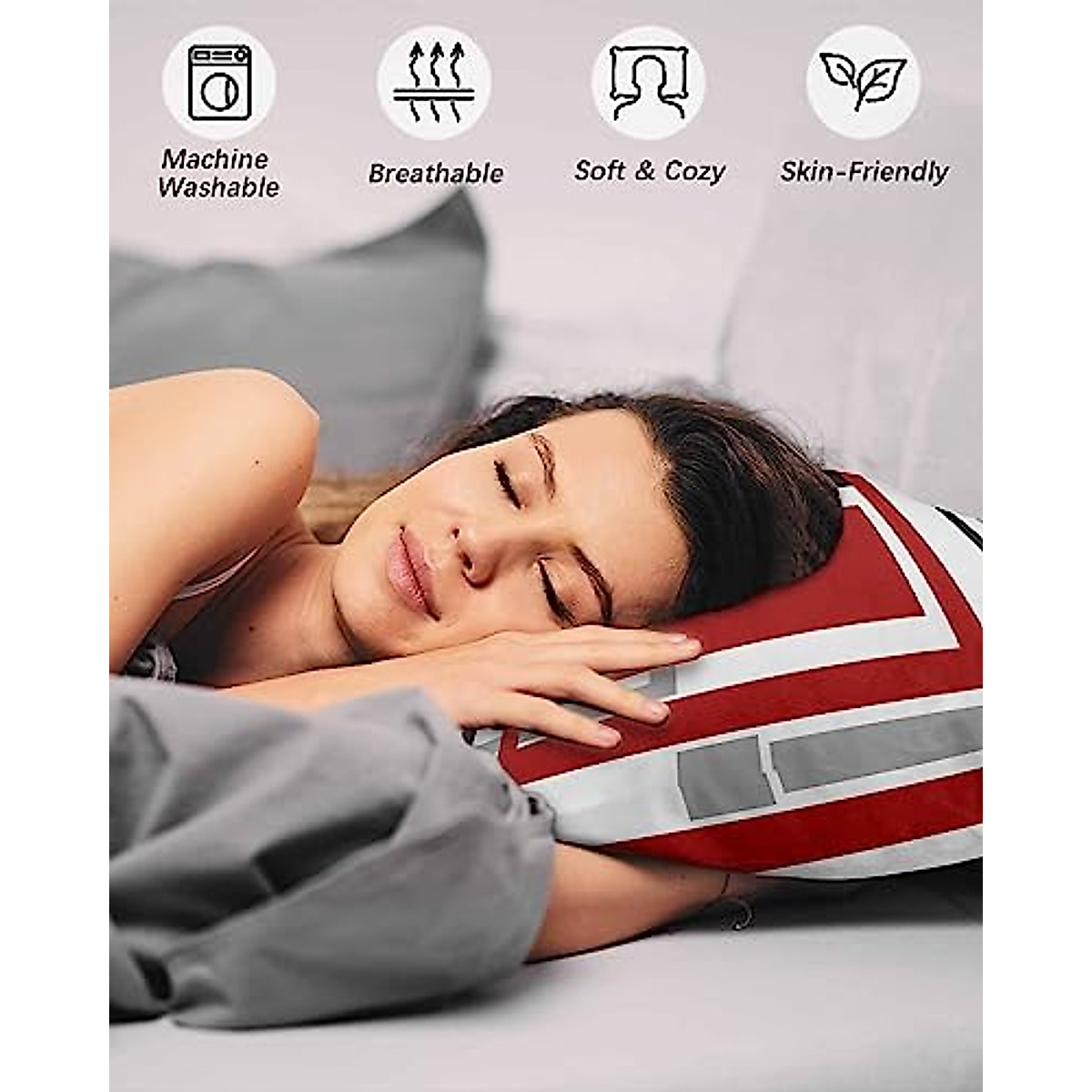 Edwiinsa Red Gray Black Geometric Pillow Covers King Standard Set of 2 20x36 Bed Pillow, Modern Abstract Art Aesthetics Plush Soft Comfort for Hair/Skin Cooling Pillowcases with Envelop Closure