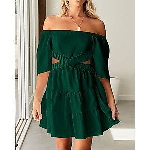 BTFBM Women Summer Dresses 2023 Square Neck Short Sleeve Cutout Crossover Waist Casual Party Tiered A-Line Mini Dress(Solid Green, Small)