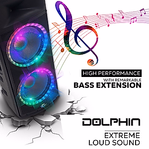 Dolphin SPX-280BT - Powerful DEEP BASS | Dual 15" Woofers, 6500W - Bluetooth Cabinet PA Speaker System with LED Light Show, Ground Shaker, Wireless Mic
