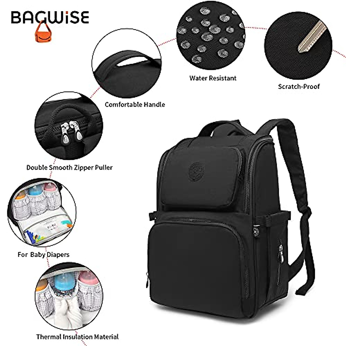 bagwise Unisex Diaper Bag Backpack, Large Baby Bag with Insulated Pockets Water-Repellent Mom and Dad Maternity Bag Large Capacity (Black)