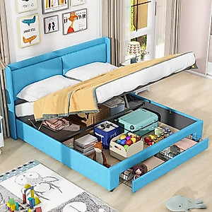 BOVZA Queen Size Lift up Storage Upholstered Platform Bed with 2 Drawers, Modern Wingback Headboard, Hydraulic Storage Bed Frame, Linen Blue