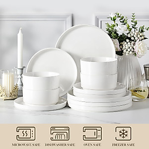MALACASA 12 Pieces Porcelain Dinnerware Set, Modern White Dish Set for 4, Premium Serving Plates and Bowls Sets, Chip and Scratch Resistant Dishware Sets Kitchen Dishes Dining Ware Set, Series LEAH