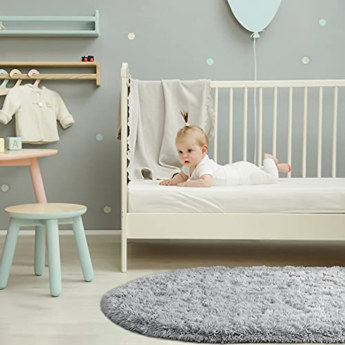 Softlife Fluffy Rugs for Bedroom, Shag Cute Area Rug for Girls and Kids Baby Room Home Decor, 2.6 x 5.3 Feet Oval Indoor Carpet for Nursery Dorm Living Room, Grey