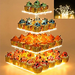 Cupcake Stand - Premium Cupcake Holder - Acrylic Cupcake Tower Display - Cady Bar Party Décor - 4 Tier Acrylic Display for Pastry + LED Light String - Ideal for Weddings, Birthday (Yellow Light)