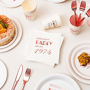 Crisky Rose Gold Tableware Set for Women 50th Birthday Party Decorations Supplies, Party 1974 Set of 24 (9" & 7" Plates, Luncheon Napkin, 9oz Cups, 106"×54" Tablecloth, Knife & Fork)