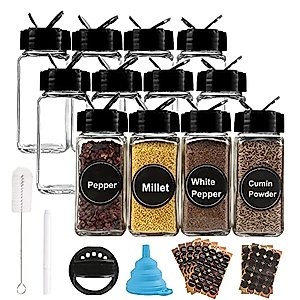 TAKETAO, 12pcs Glass Spice Jars,4oz Empty Square Glass Bottles Spice Containers with Black Caps,168 Waterproof Spice Labels,1pcs Silicone Collapsible ​Funnel Test Tube Brush Chalk Marker (12)
