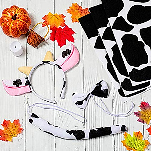 WILLBOND 5 Sheets Cow Felt Pads Adhesive Felt Circles with 1 Set Halloween Cow Ear Headband, Bow Tie and Cow Tail for Halloween DIY Costume, Over 6 Years