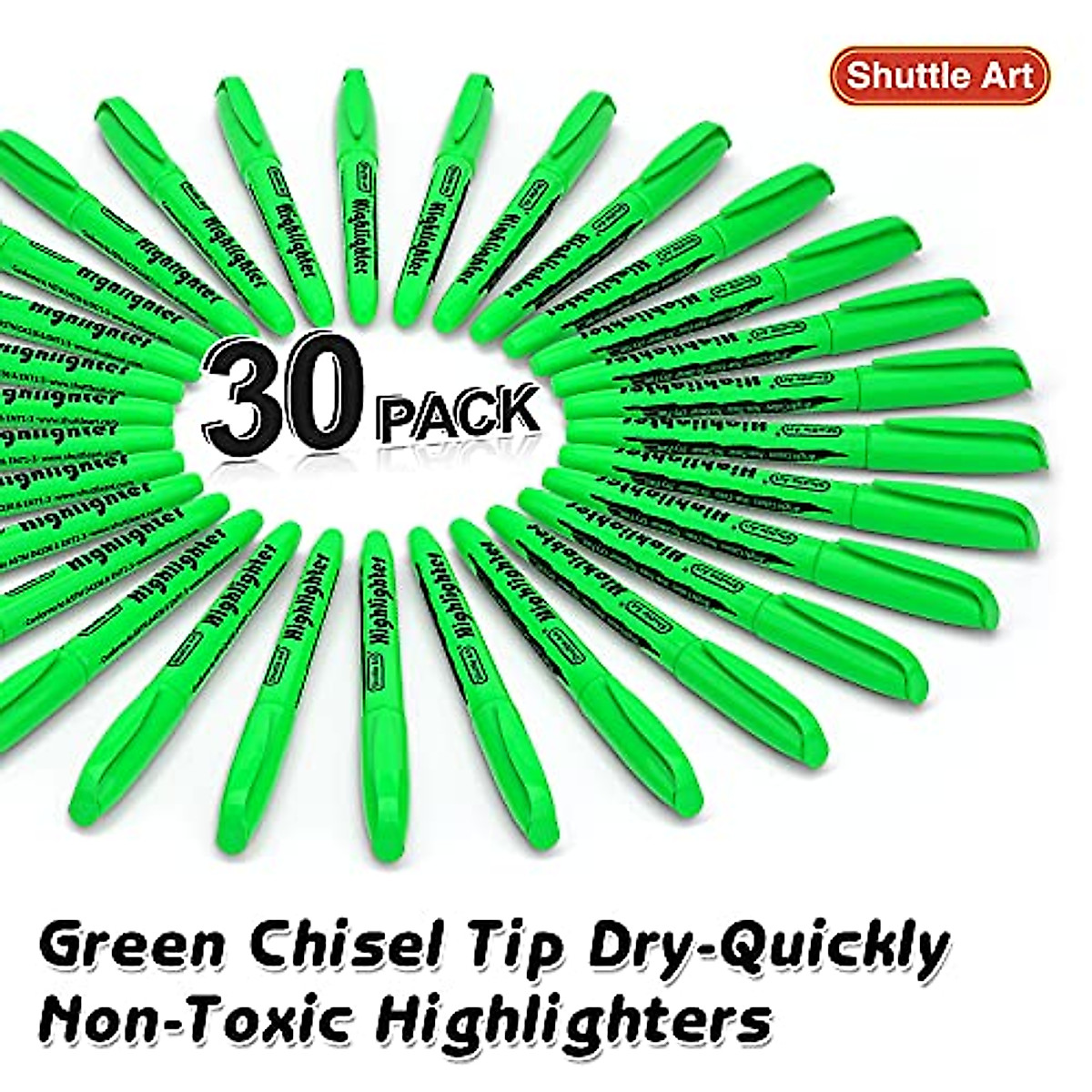 Shuttle Art Highlighters, 30 Pack Green Highlighters Bright Colors, Chisel Tip Dry-Quickly Non-Toxic Highlighter Markers for Adults Kids Highlighting in Home School Office