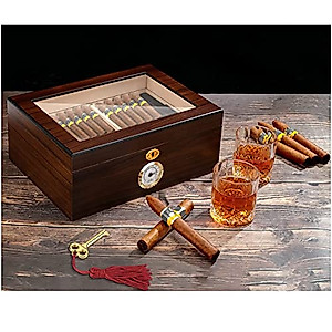 Bald Eagle Cedar Cigar Humidors with Hygrometer, Handcrafted Cigar Box with Humidifier, Glass Top Humidor Box with Cigar Accessories, Luxury Cigar Case Sapele Walnut Finish 35-60 Cigars