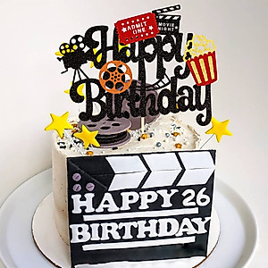 1 PCS Movie Night Cake Topper Happy Birthday Sign Cake Pick Decorations for Theater Video Recorder Roll Camera Popcorn Hollywood Theme Family Film Baby Shower Birthday Party Supplies
