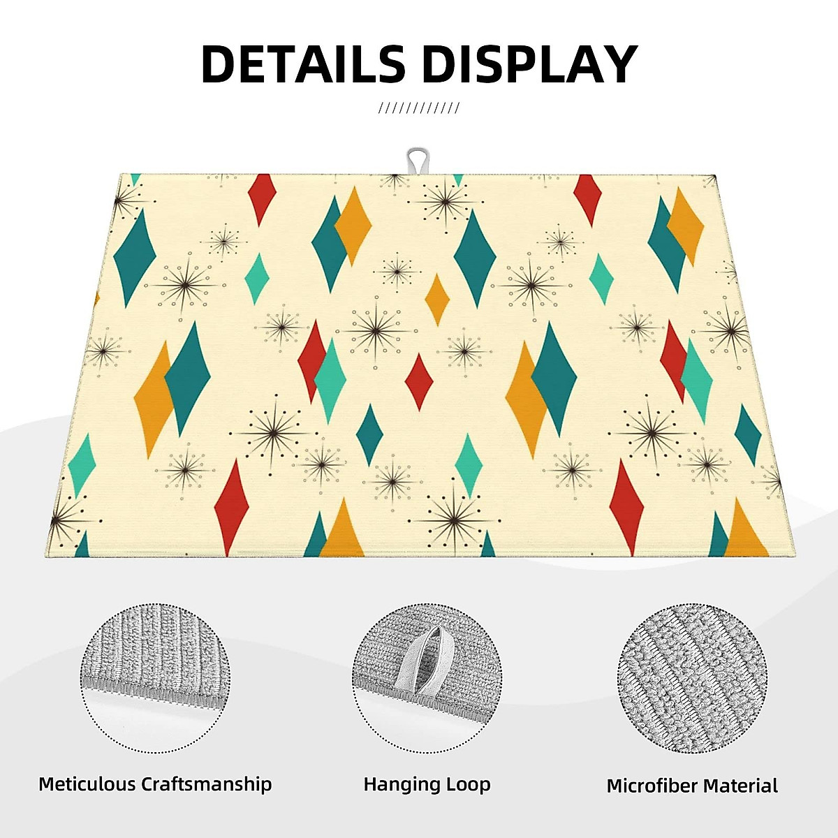 Diamond Retro Kitchen Drying Mat Mid Century Modern Decor Microfiber Dish Drainer Mat for Kitchen Counter Absorbent Reusable Washable 18x24in