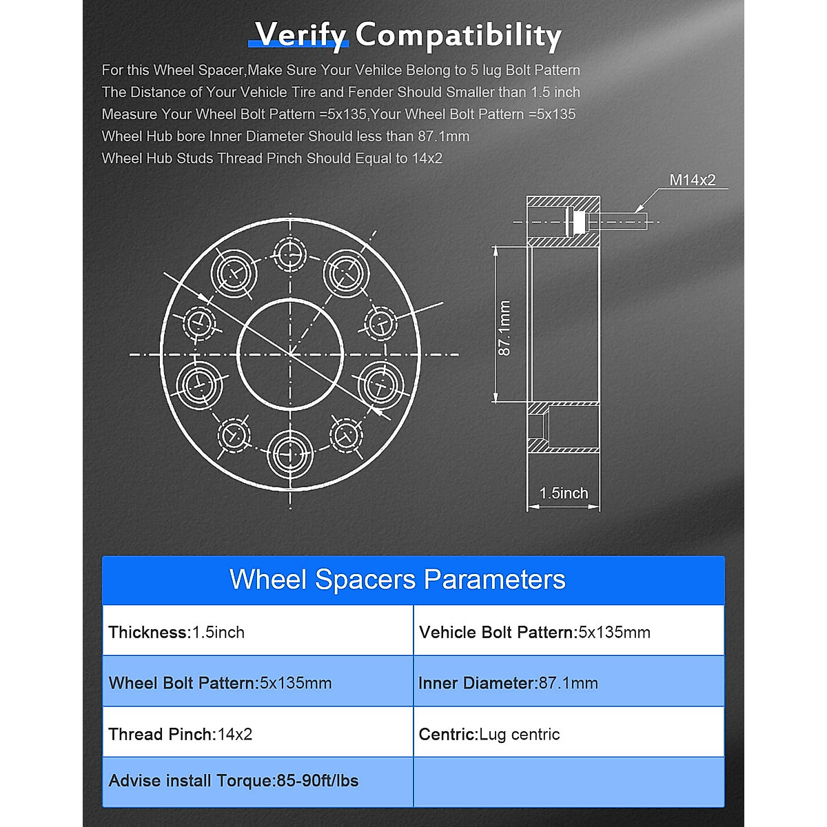 ECCPP 4X 5x135 Wheel Spacers 5 Lug 1.5" 5x135mm to 5x135mm for Ford Expedition for Ford F150 for Navigator Wheel Spacer with 14x2 Studs
