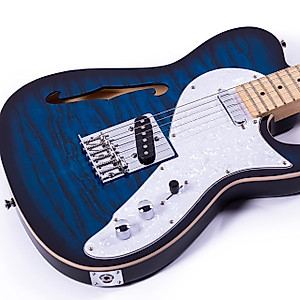 Grote Electric Guitar Semi-Hollow Body Single F-Hole Printed Tele Style Guitar Full-Size Basswood with Canadian Maple neck Chrome Hardware Picks (Blue)