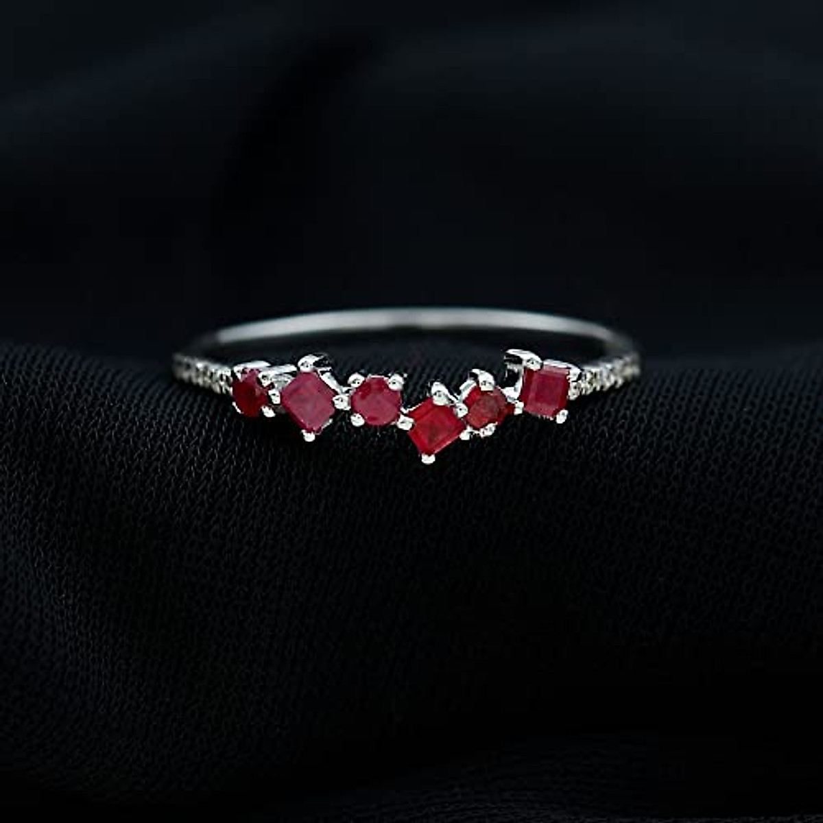 Rosec Jewels Princess and Round Ruby Minimal Eternity Anniversary Band Ring for Women, Aaa Quality, 14K White Gold, Size:US 7.00