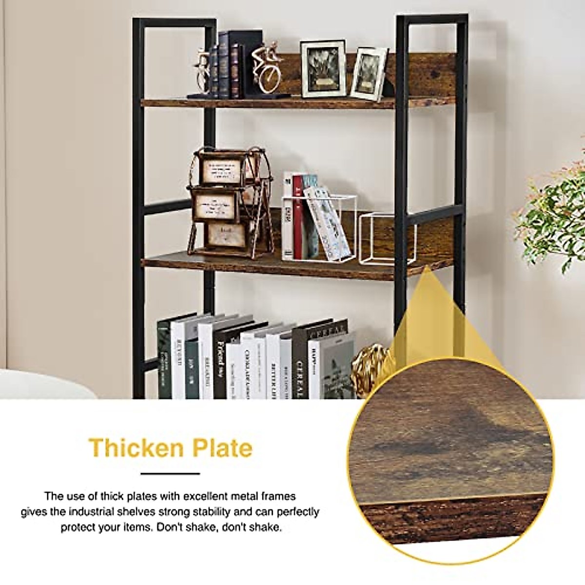 VANSPACE Bookshelf 4 Tier Industrial Bookcase Rustic Wood and Metal Standing Bookshelf with Back Panel Book Shelf for Bedroom, Home Office Storage Rack Shelf, Rustic Brown